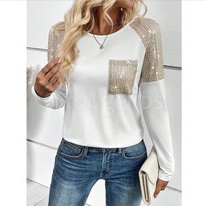 Rouge! | Tops | Sequin Detailed Long Sleeve Tee Shirt Front Pocket In ...
